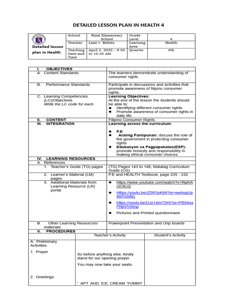 Detailed Lesson Plan in Health 4 (Final Demo) - 2 | PDF | Classroom ...