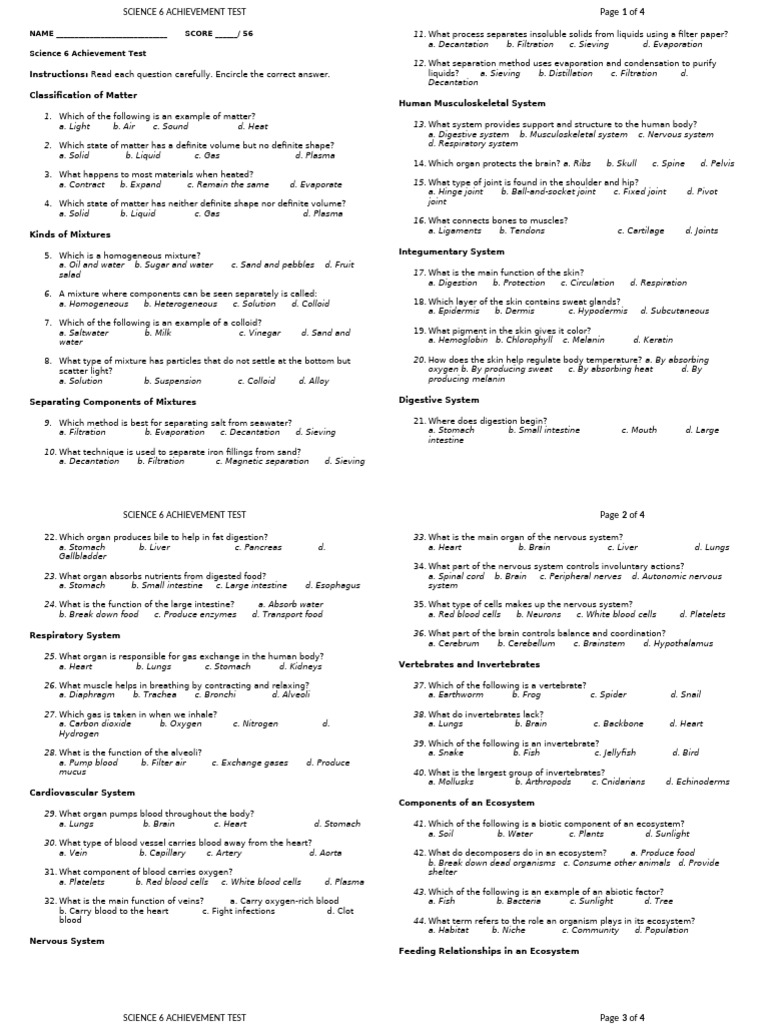 Science 6 Achievement Test Overview | PDF | Blood | Lung