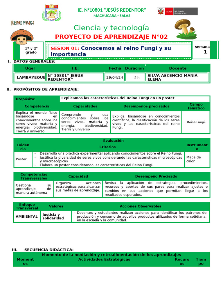 1ra SESIÓN DE APRENDIZAJE - SEM.1 - PROY. 02-CYT - 2024 | PDF | Aprendizaje | Hongo
