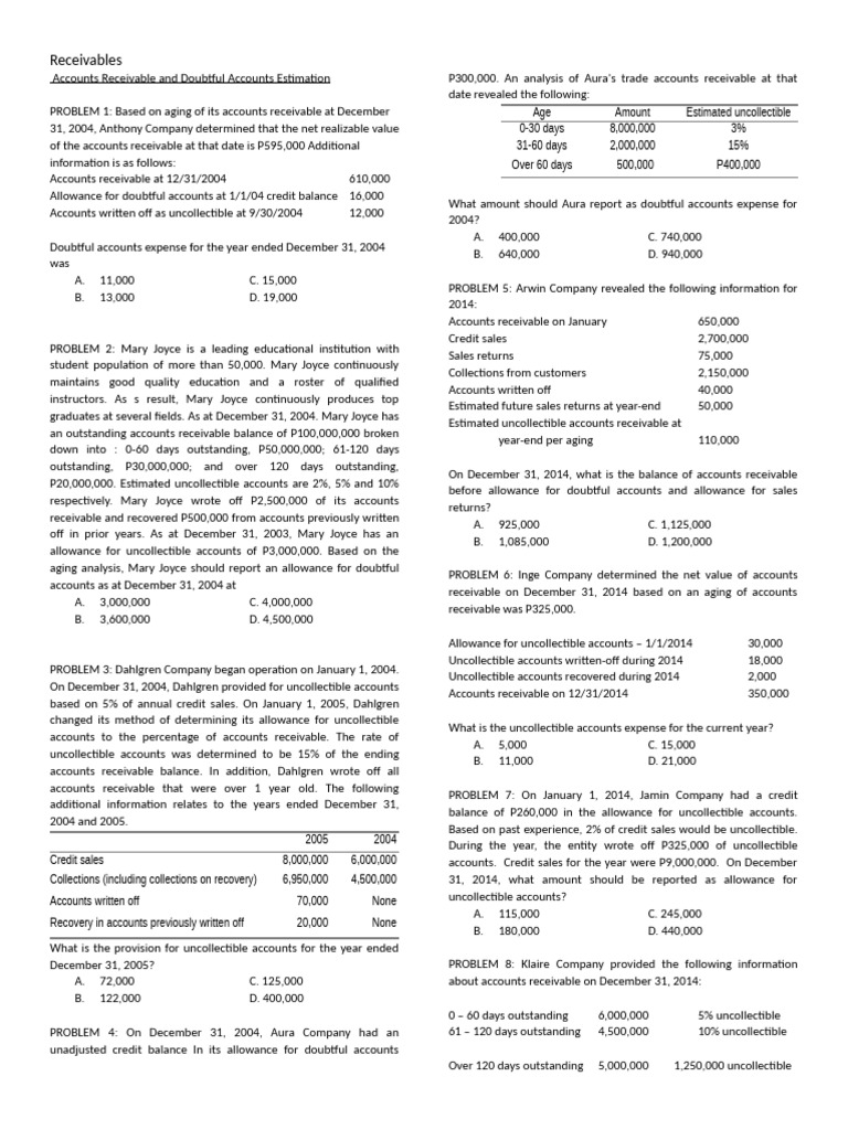 Accounts Receivables Hand Out Student | PDF | Bad Debt | Money