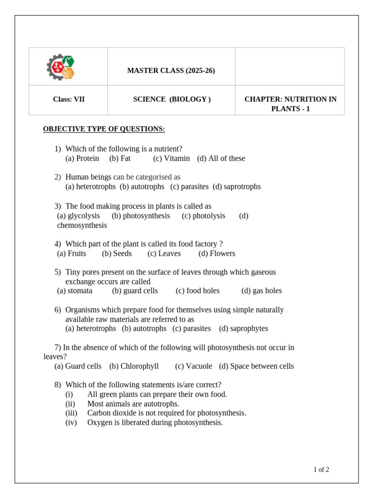 Class 7 Nutrition In Plants Assignment 1 Pdf Nutrition Diet