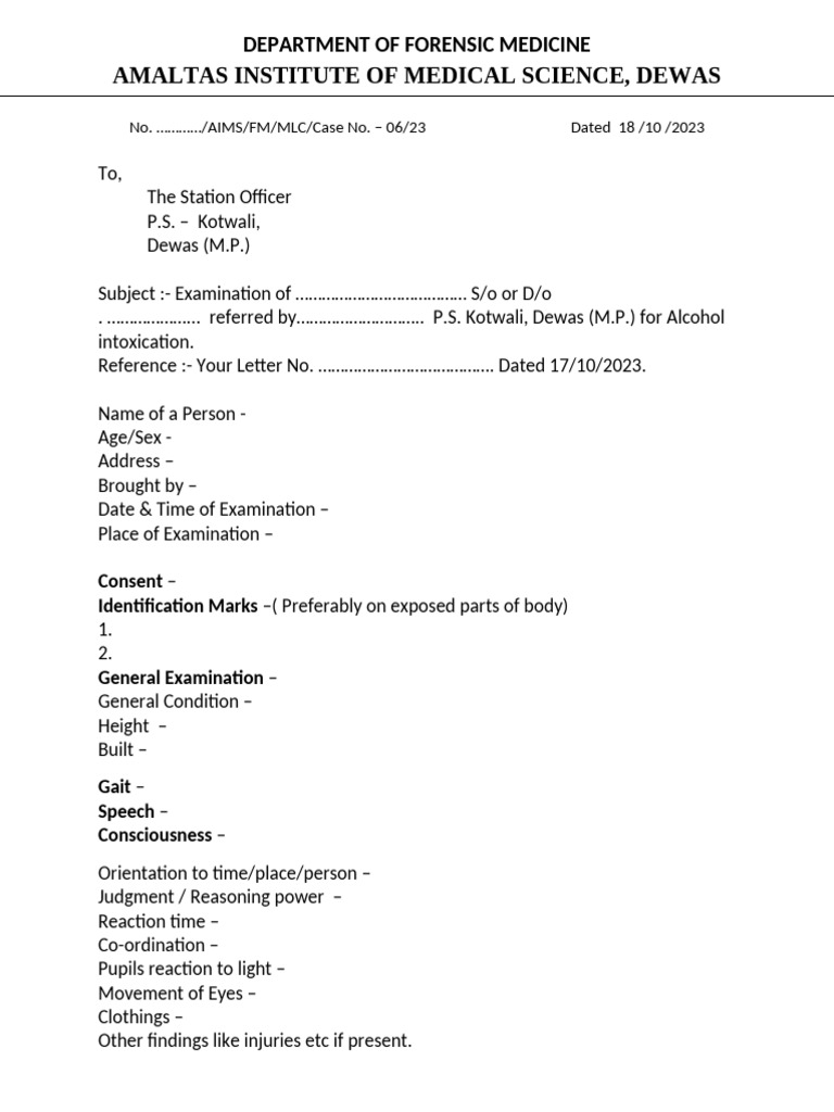 Alcohol Intoxication Examination Report | PDF