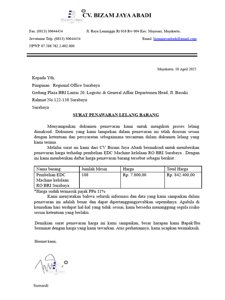 Surat Penawaran Lelang Mesin Edc CV Bizam Jaya Abadi (1) - Removed | PDF