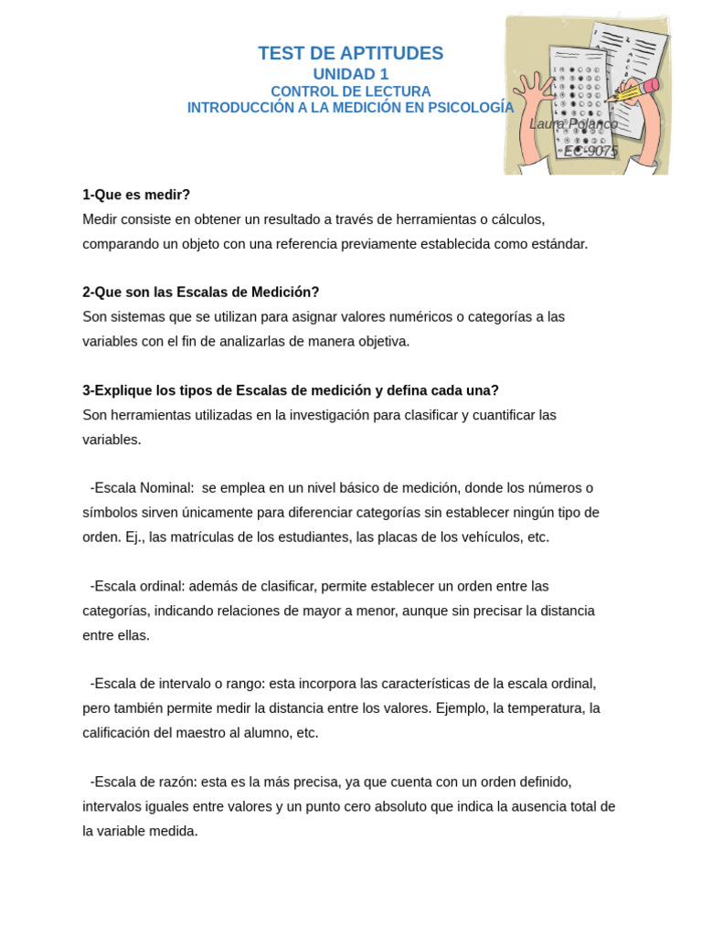 Control de lectura_Unidad 1 | PDF | Medición | Nivel de medida
