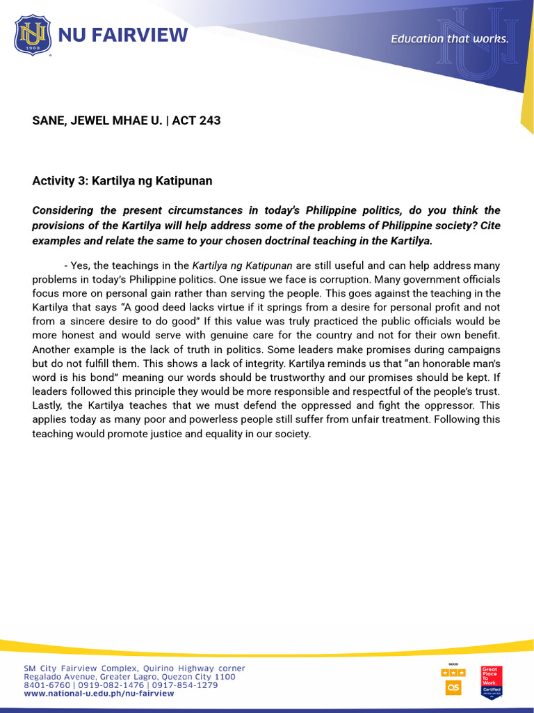 SANE - Activity 3 - Kartilya NG Katipunan | PDF