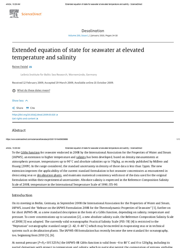 Extended Equation of State for Seawater at Elevated Temperature and ...