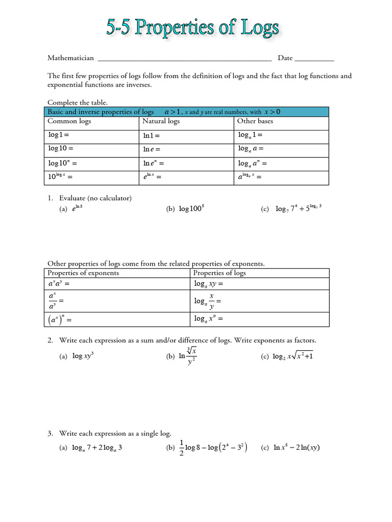 5.5 Properties of Logs | PDF | Logarithm | Exponentiation