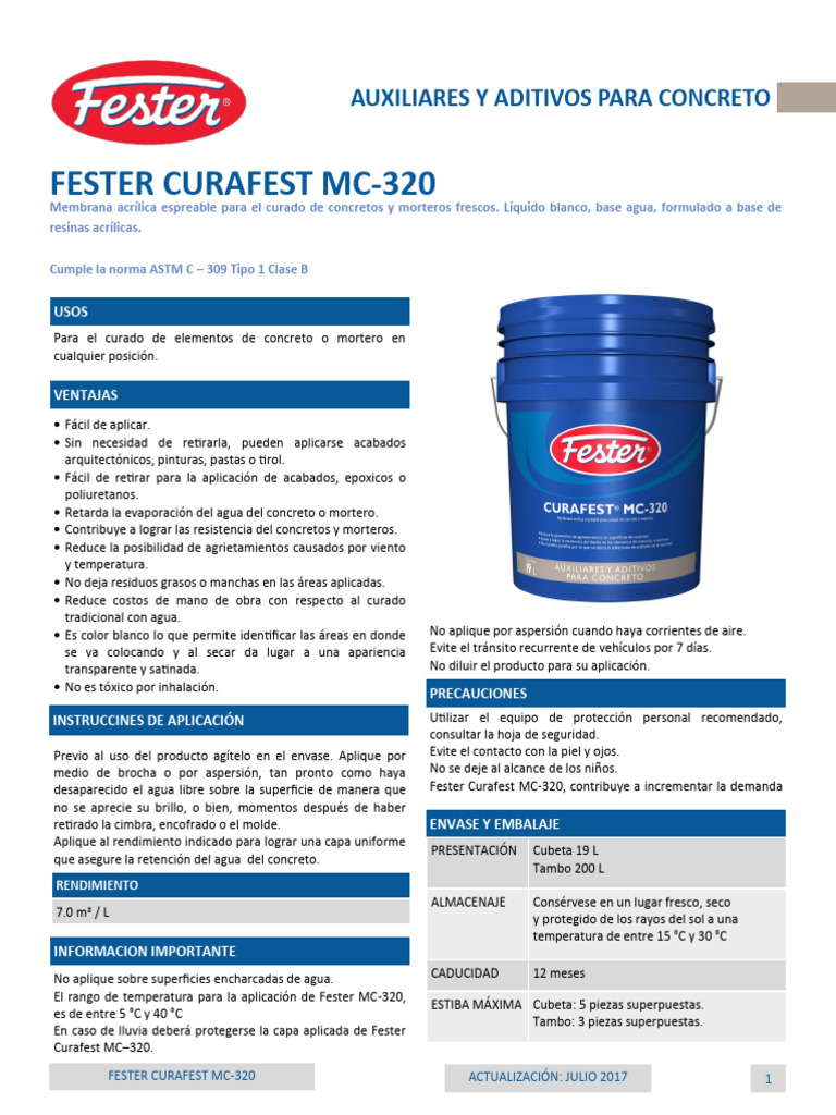FESTER CURAFEST MC 320 Es - MX | PDF | Hormigón | Agua