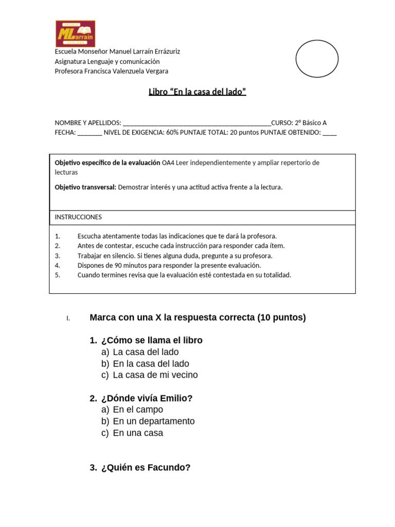 Evaluación del libro "En la casa del lado" | PDF
