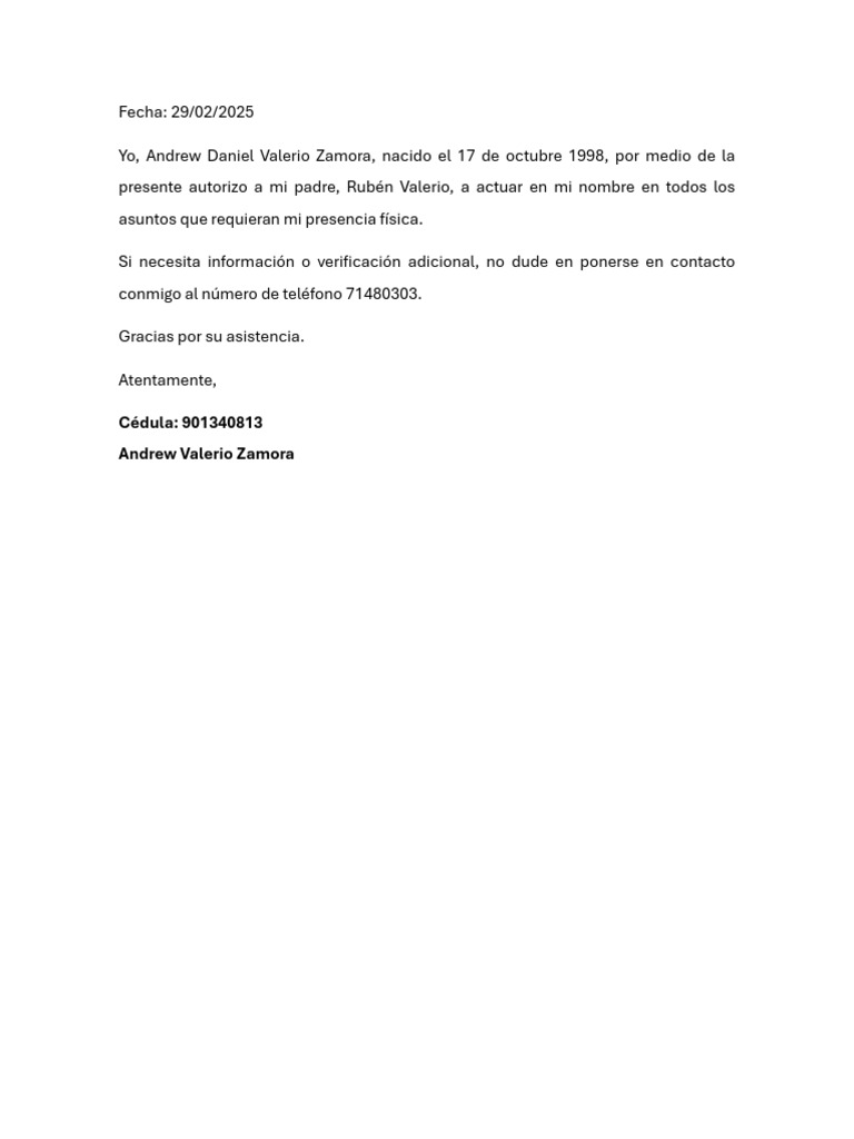 Autorizacion Andrew Valerio | PDF