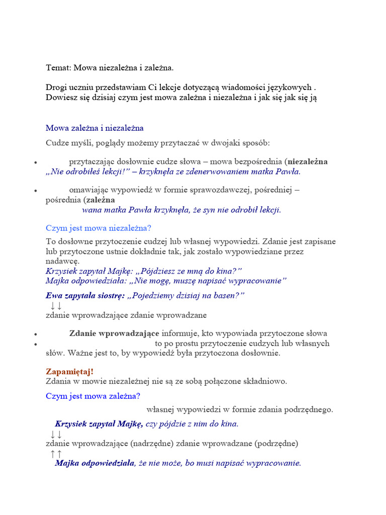 Klasa 7 Mowa Niezalezna I Zależna. | PDF