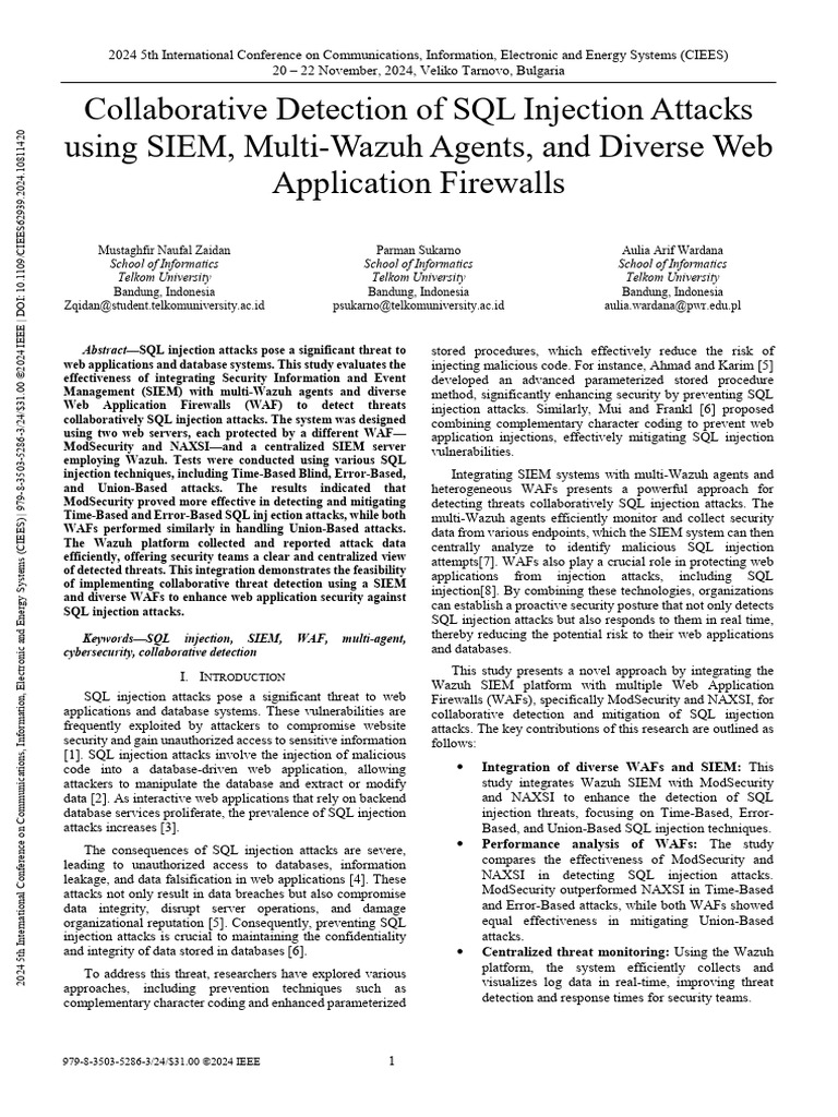 Collaborative Detection of SQL Injection Attacks Using SIEM Multi-Wazuh Agents and Diverse Web ...