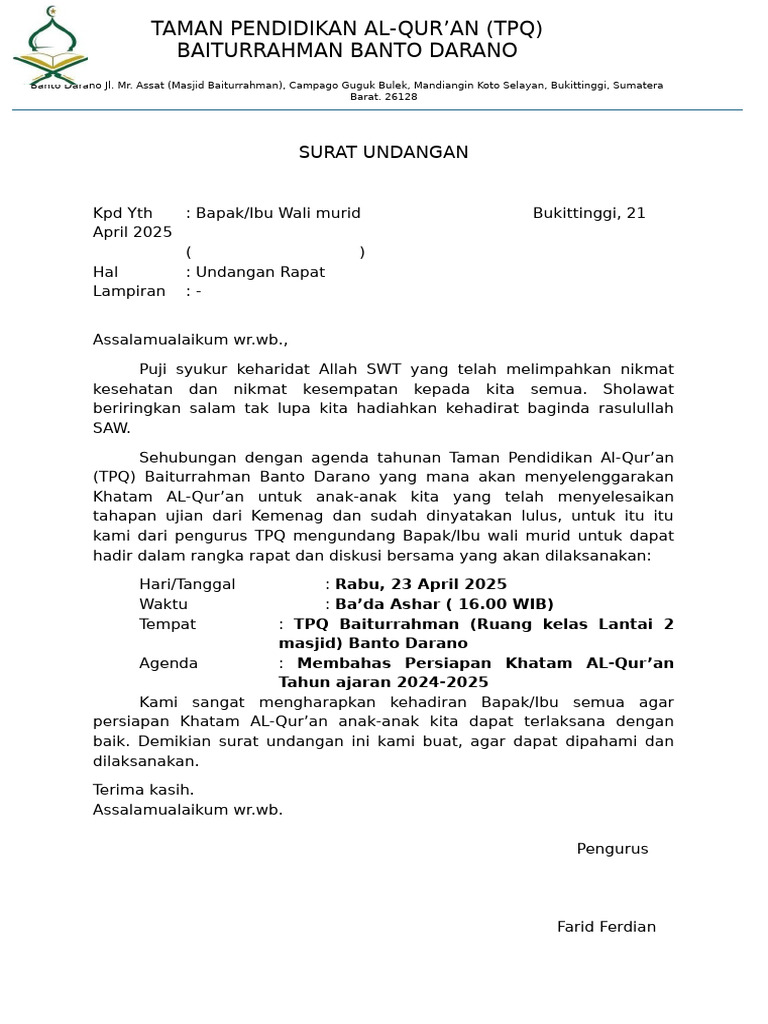 Surat Undangan TPQ | PDF
