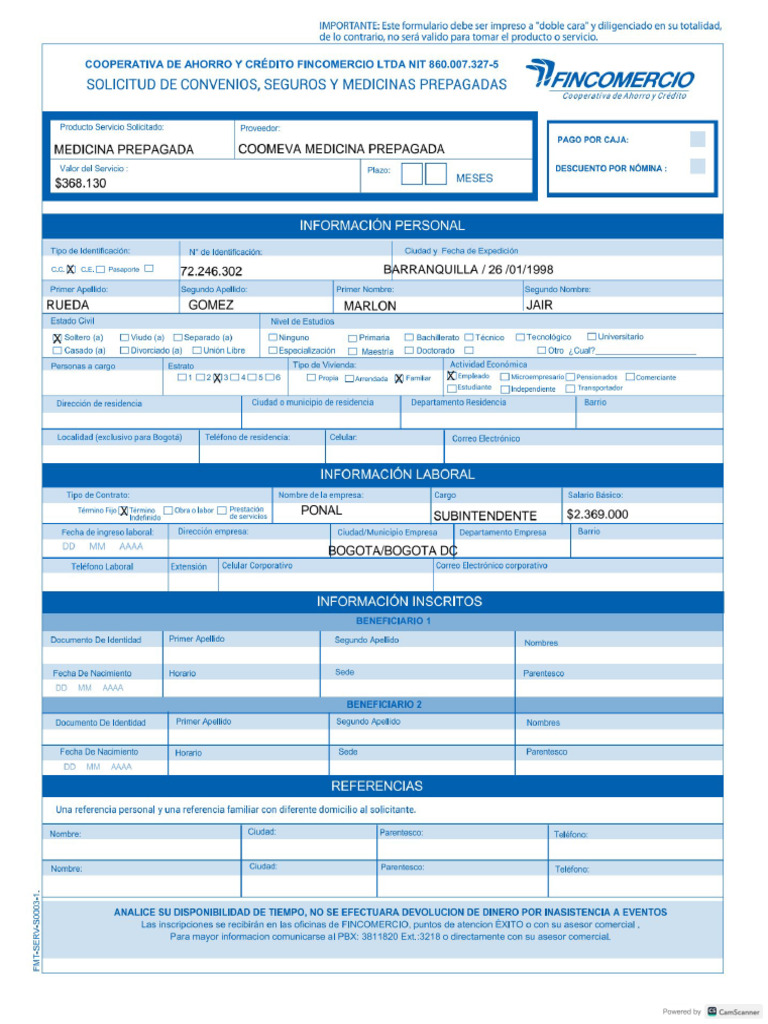 Formato Solicitud de Convenios Seguros Fincomercio Marlon Jair | PDF