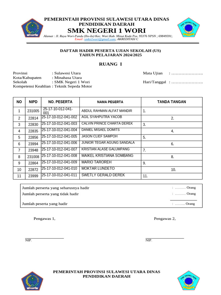 Daftar Hadir Peserta Ujian Sekolah | PDF