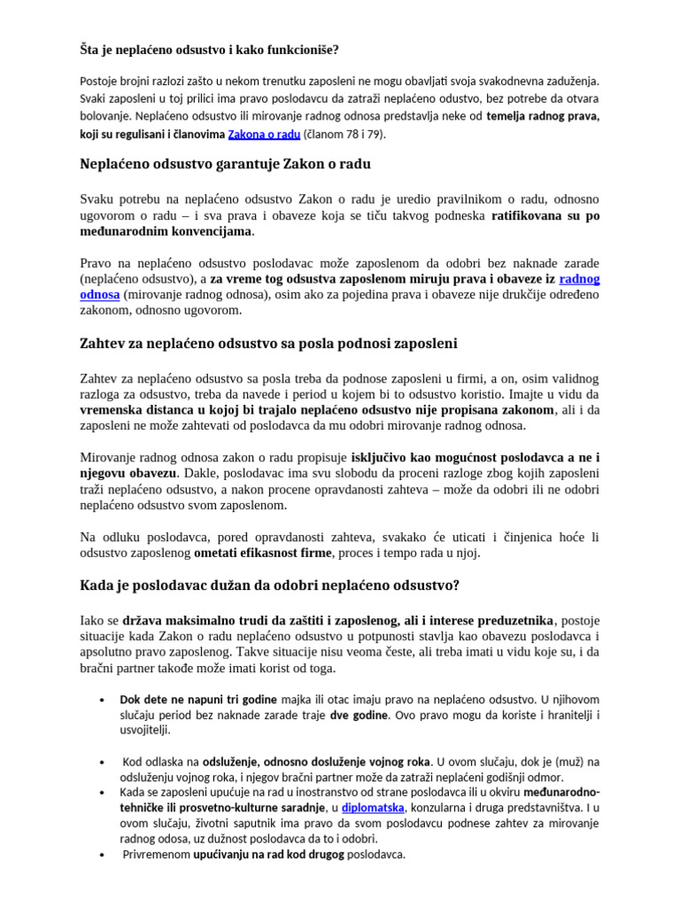 Sta Je Neplaceno Odsustvo I Kako Funksionise | PDF