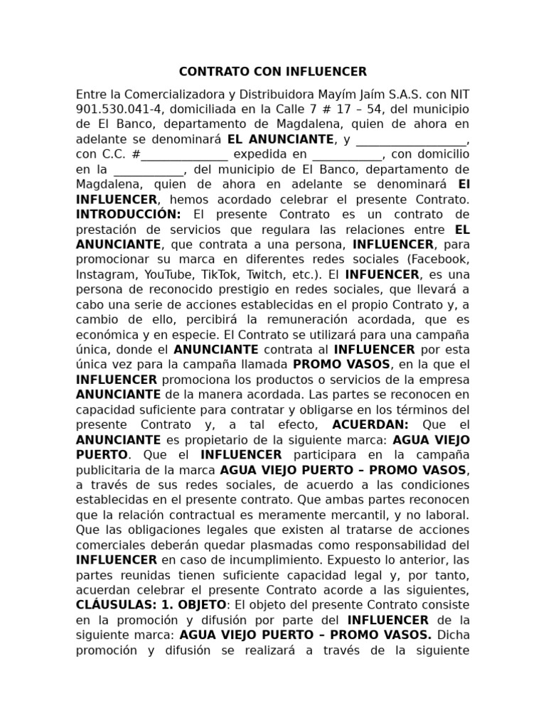 Contrato Con Influencer | PDF | Bancos | Economias