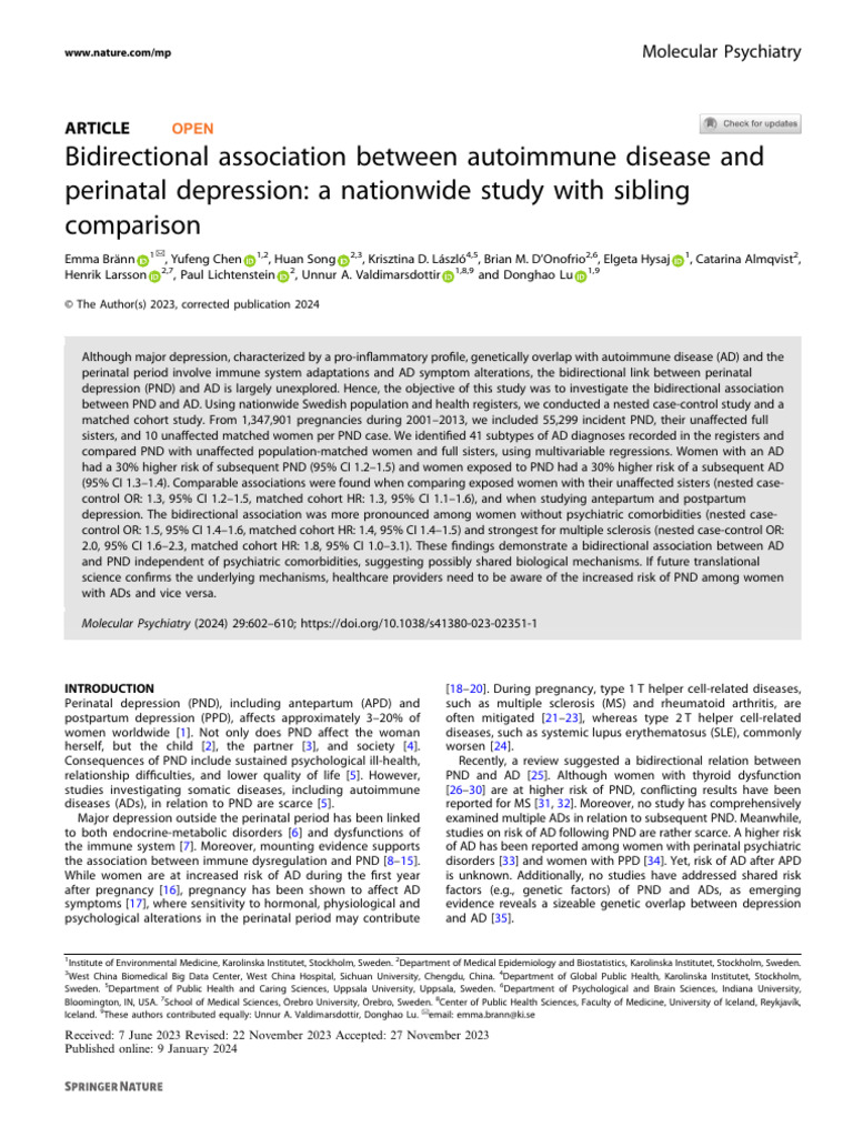 Bidirectional association between autoimmune disease and perinatal depression | PDF | Postpartum ...