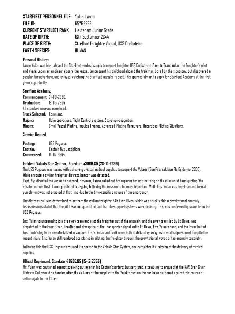 Lance Yulan: Starfleet Personnel File | PDF | Starfleet
