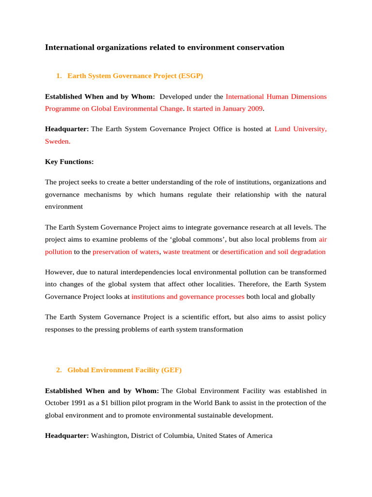Key Global Environmental Organizations | PDF | International Union For ...