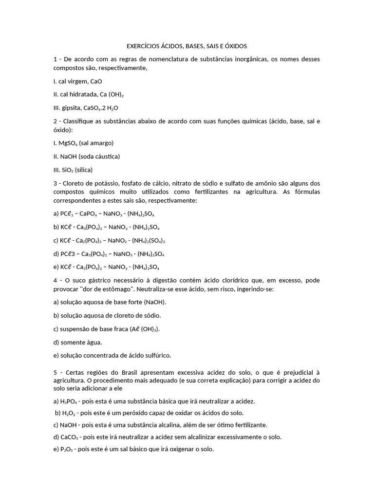 Exercícios Ácidos e Bases | PDF | Sal (Química) | Ácido