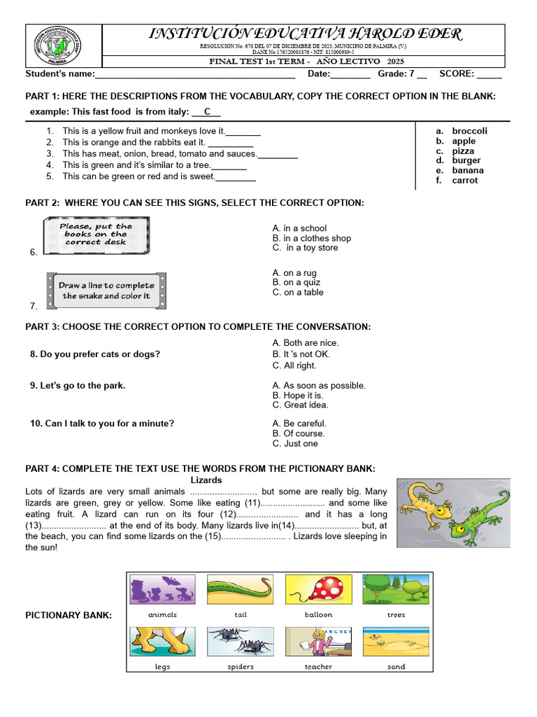 Final Test 1ST Term Septimo | PDF