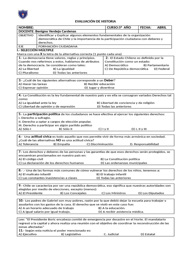 Eval Hist 5° Deberes Derechos Aji | PDF | Democracia | Ideologías políticas
