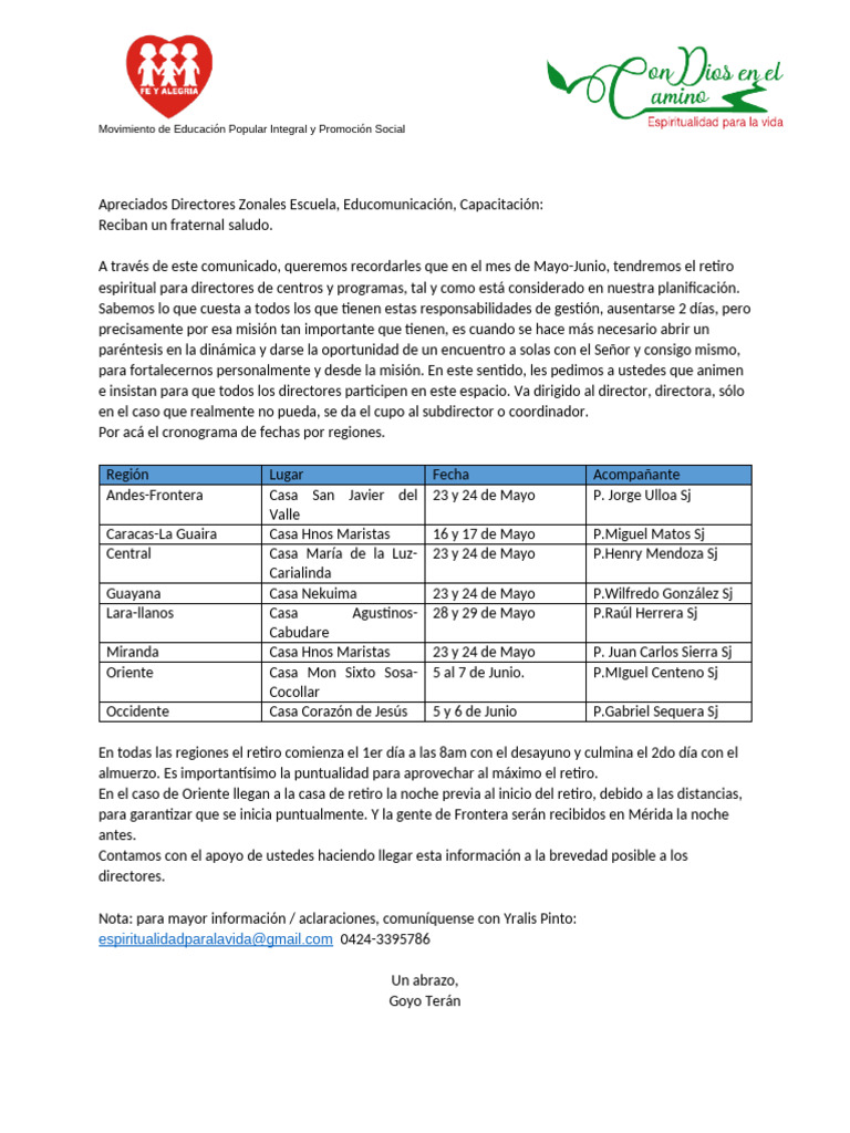 Comunicado Retiro para Directores de Centros y Programas. | PDF