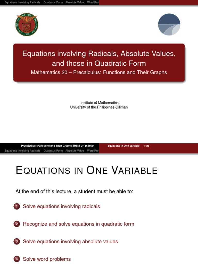 Math 20 Lec 1.2 Equations in Quadratic Form and With Radicals and Absolute Values | PDF ...