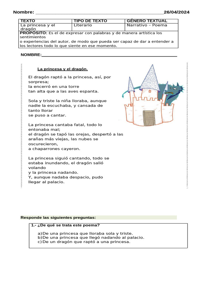 Comprension La Princesa para La Casa | PDF