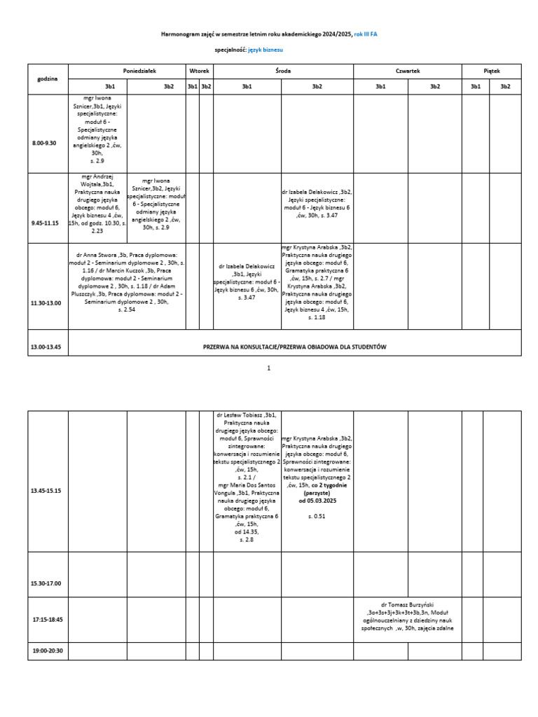 FA Harmonogram LATO 2024 2025 I Stopnia Stacjonarne 250227 | PDF