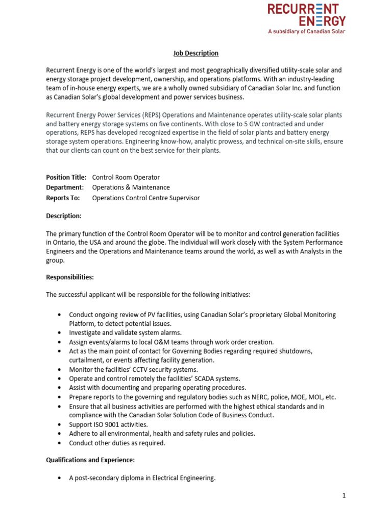 Control Room Operator Job at Recurrent Energy | PDF