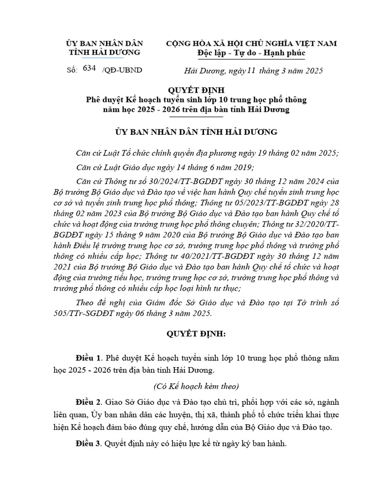 END. QD Ban hanh Ke hoach Tuyen sinh lop 10 THPT nam hoc 2025-2026 | PDF