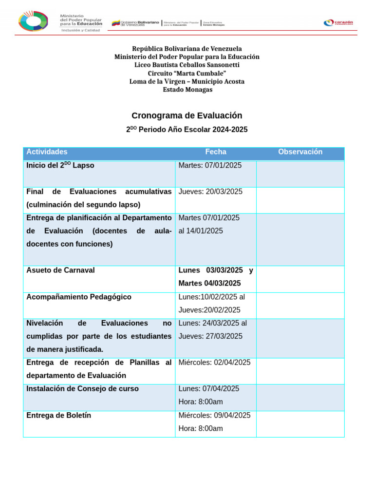 Cronograma de Evaluacion Ii Momento | PDF