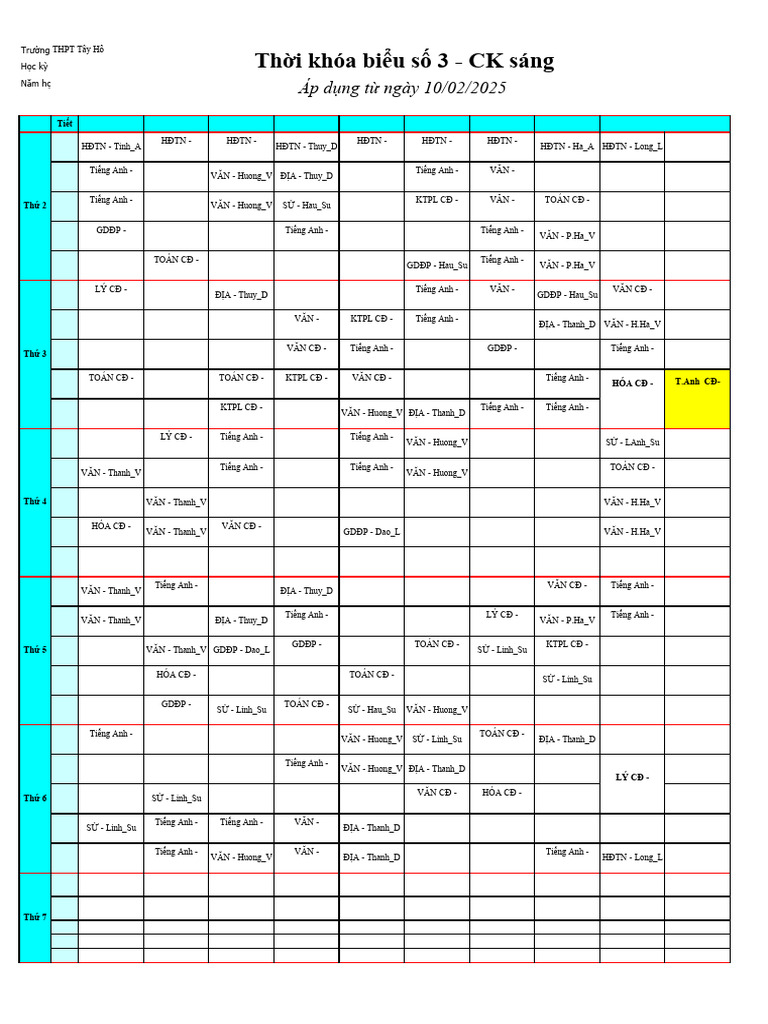Tkb Số 3 Ck Sáng 0802 | PDF
