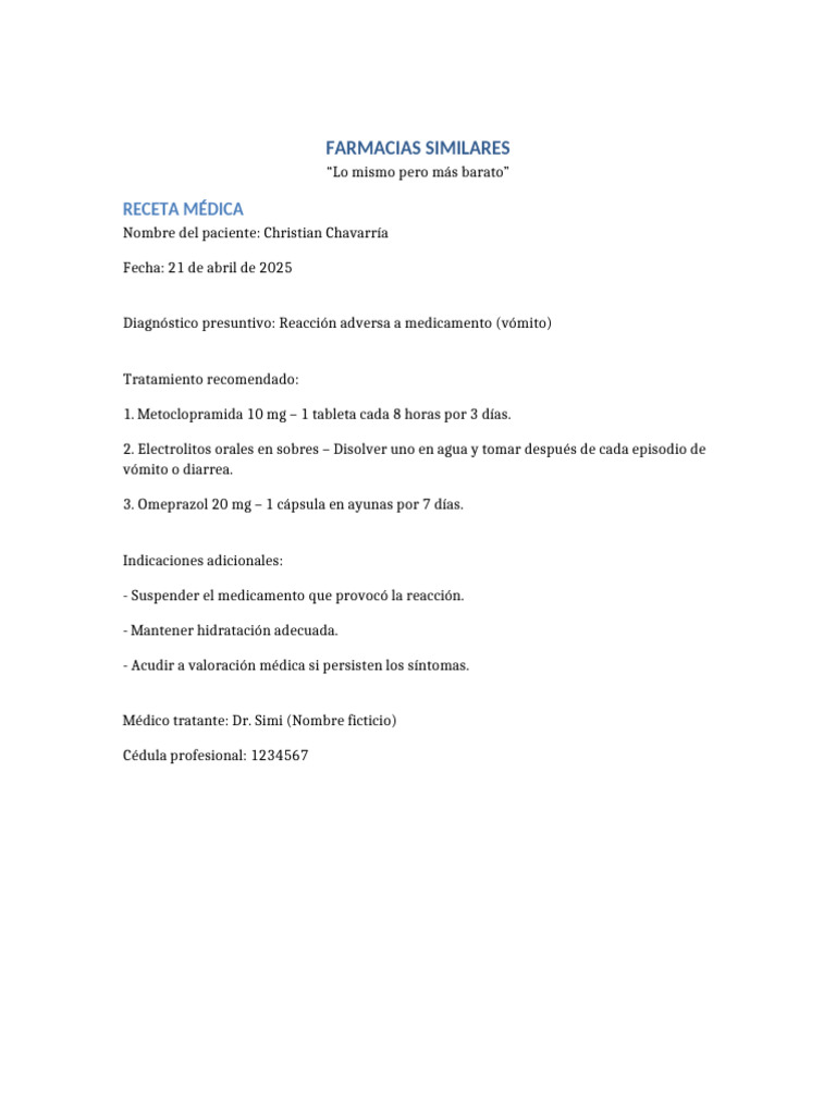 Receta Farmacia Simi Christian Chavarria | PDF