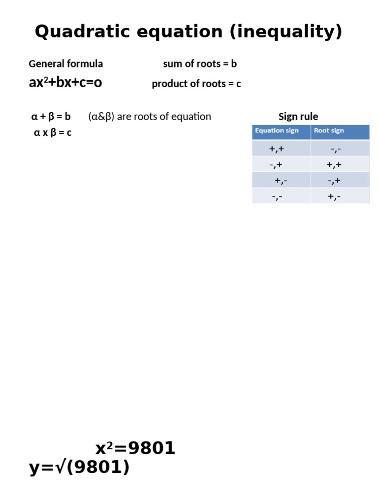 Quadratic Equation (Inequality) : Ax +BX+C o | PDF