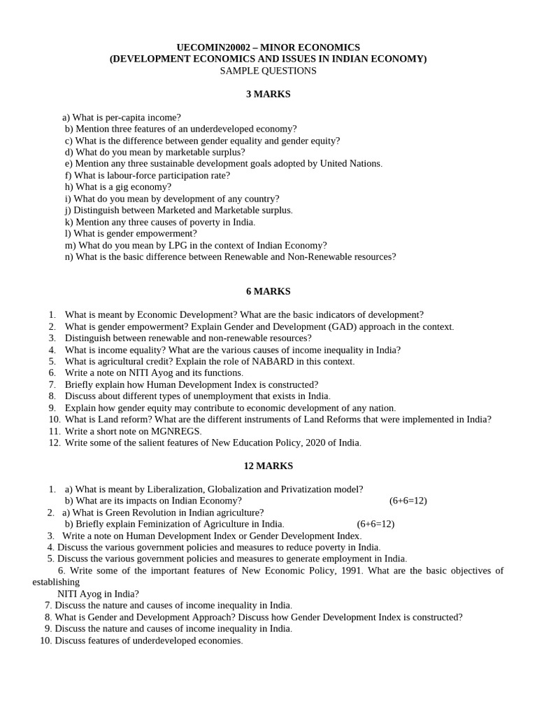 Sample Questions on Indian Development Economics | PDF | Gender And ...