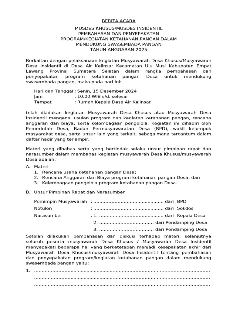 BA. Musdes Ketahanan Pangan Desa Tahun 2025 - 081447 | PDF