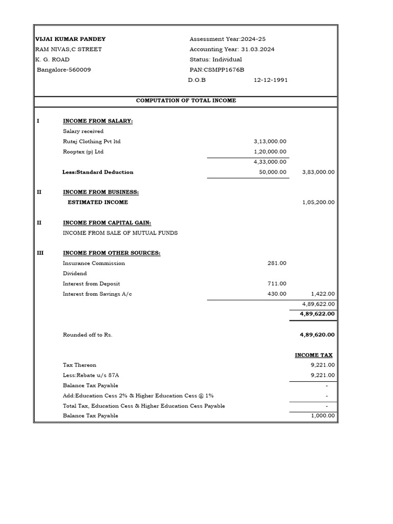 Income Statement Vijai Kumar Pandey ITR FILING 2023-24 | PDF | Taxes ...