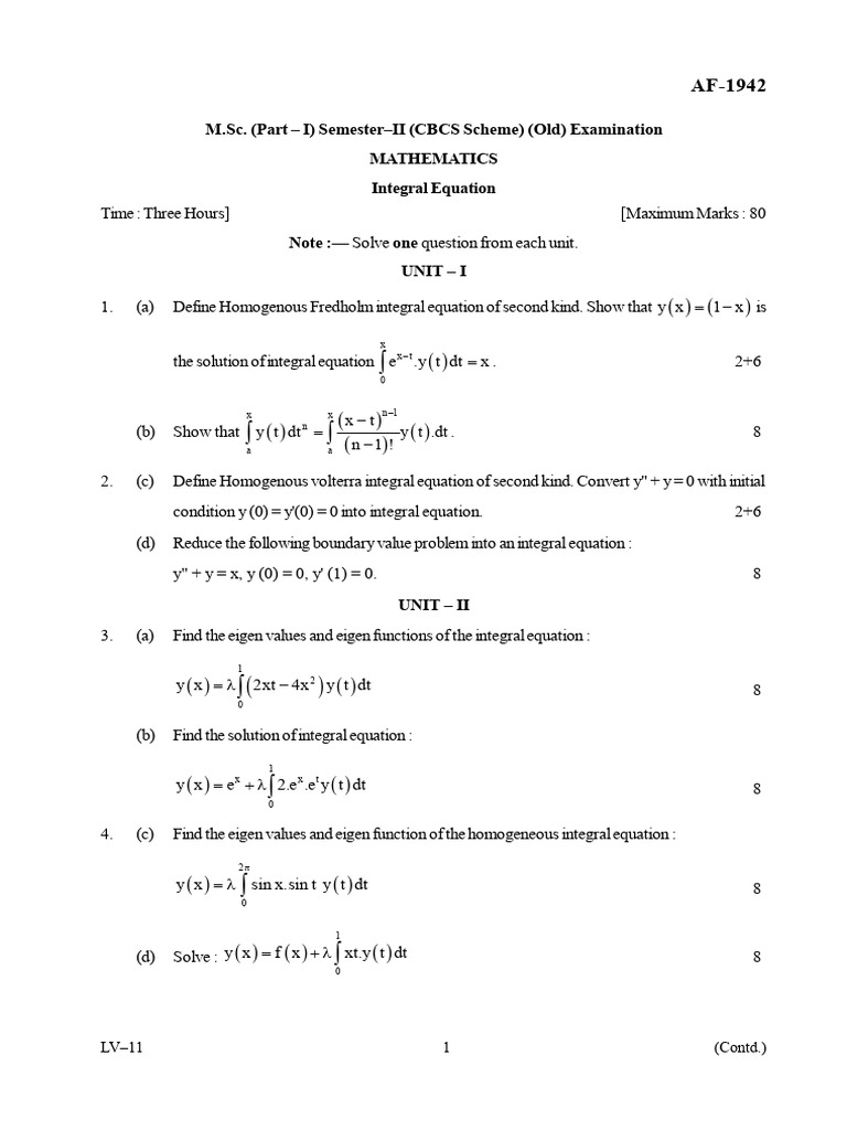 Integral Equations Exam Questions | PDF | Integral Equation | Teaching ...