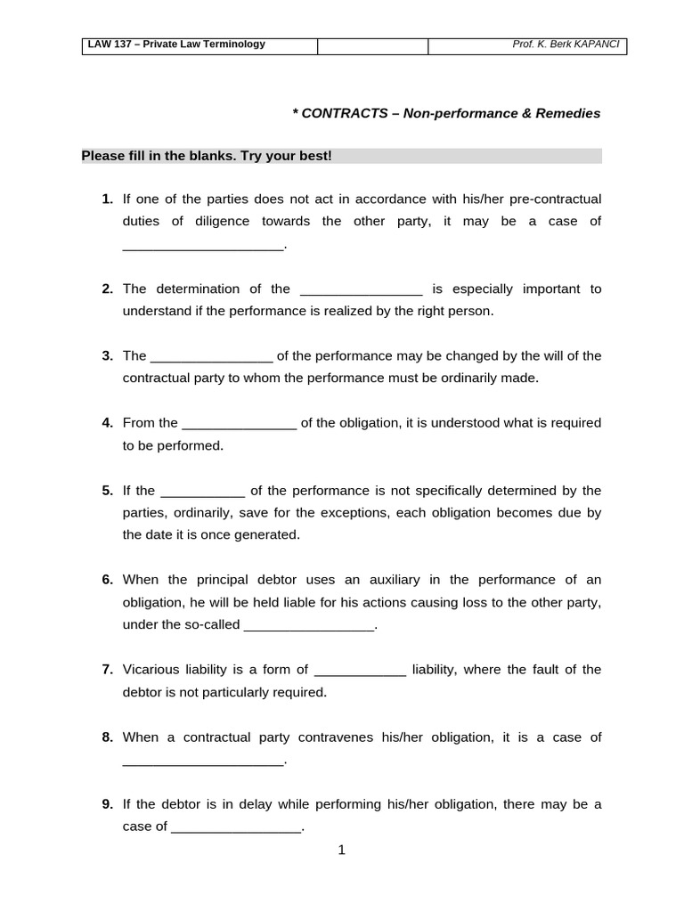 5 - in Class Exercise N 4 - Contracts - Non-Performance and Remedies ...