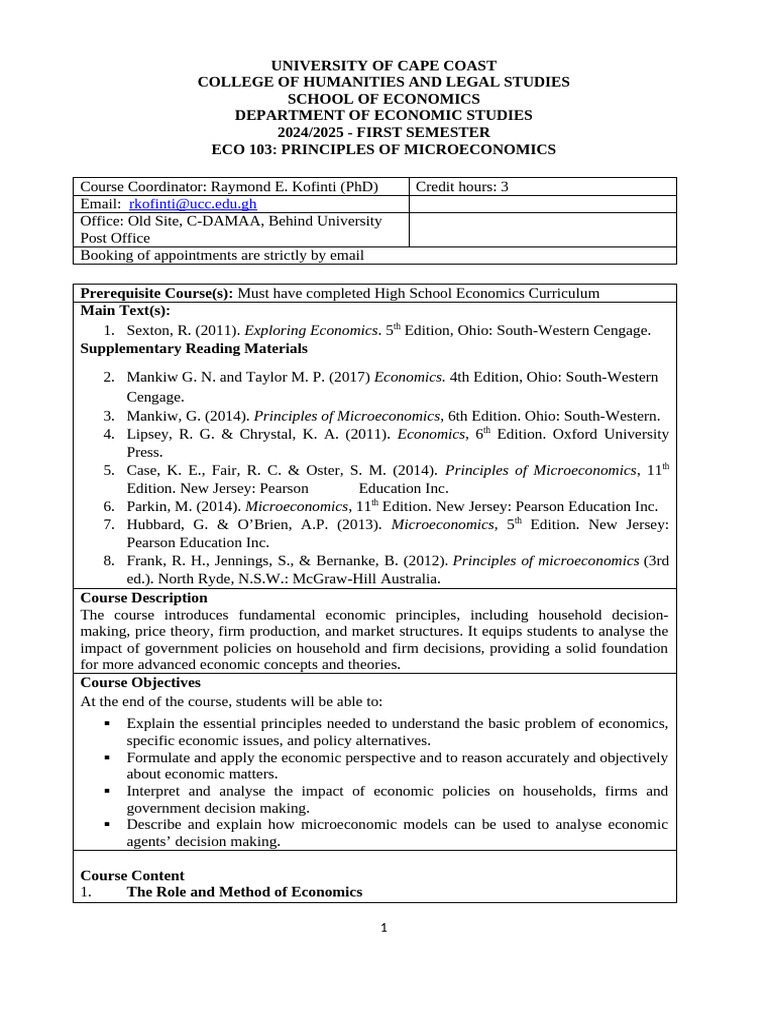 Eco 103 Principles of Microeconomics 2024 - 2025 | PDF | Supply And ...