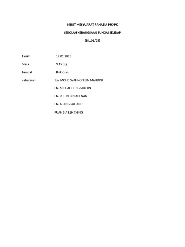 MINIT MESYUARAT PANATIA PJK 1 | PDF