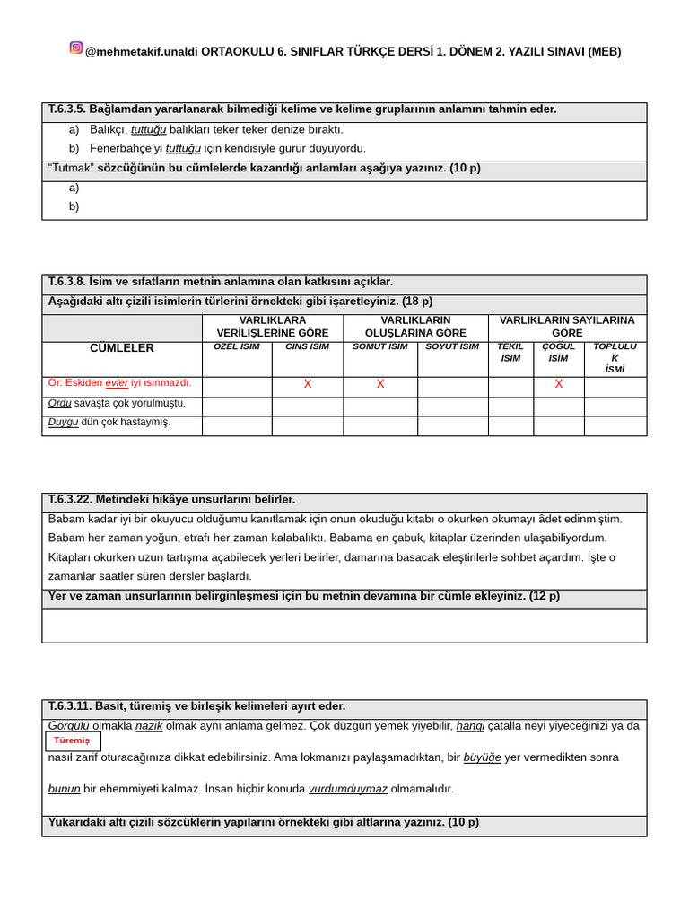2024 2025 Egitim Ogretim Yili Turkce Dersi MEB Yayinlari 6. Sinif 1. Donem 2. Acik Uclu Sinav 2 ...