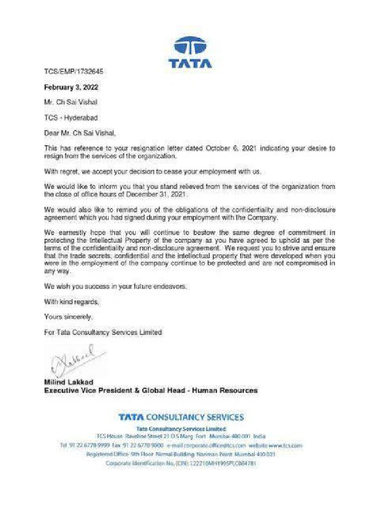 TCS Experience Latter | PDF