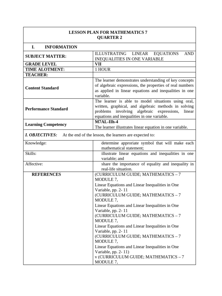 LESSON PLAN FOR MATHEMATICS 7 | PDF | Equations | Mathematics