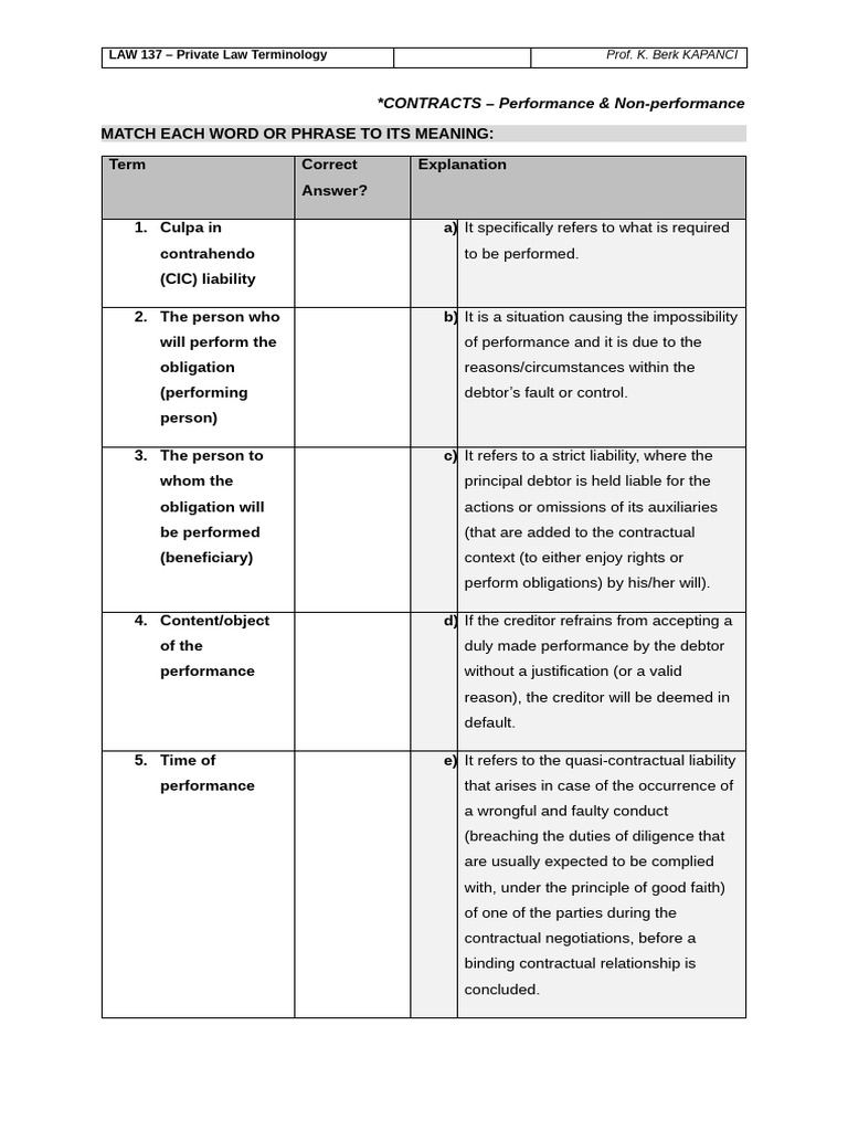 5 - Word Matching Exercise - Performance and Non-Performance | PDF ...