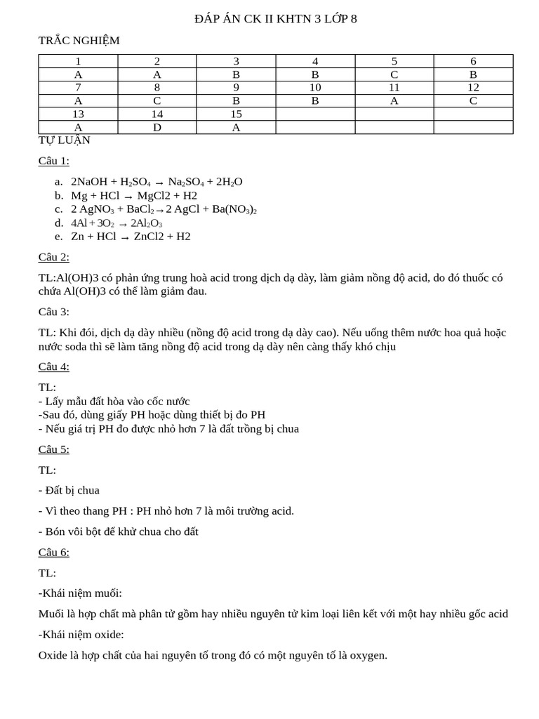 Đáp Án CK Ii KHTN 3 L P 8 | PDF