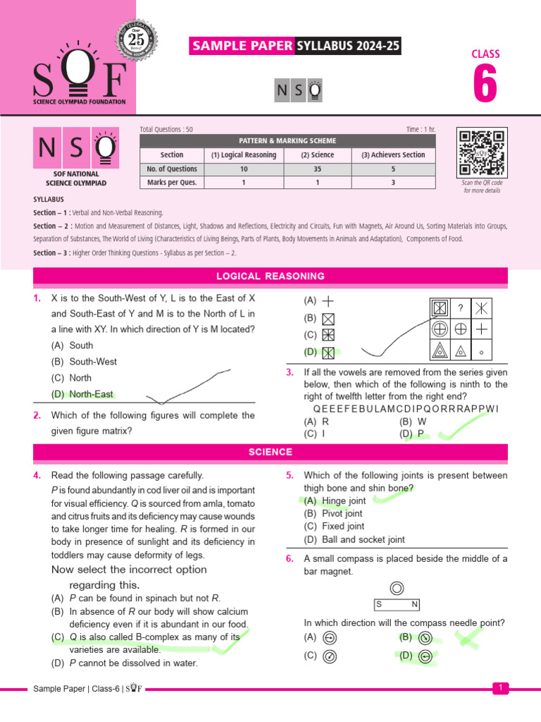 NSO Class 6 Sample Paper 2024-25 | PDF